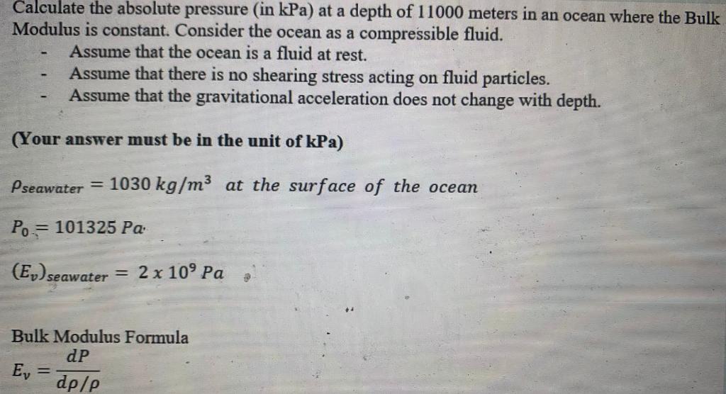 Solved Calculate the absolute pressure (in kPa ) at a depth | Chegg.com