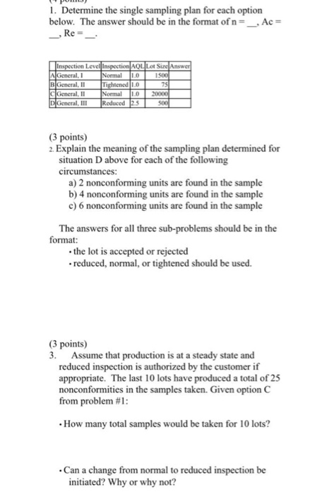1. Determine the single sampling plan for each option | Chegg.com
