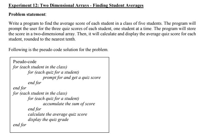 Solved Experiment 12: Two Dimensional Arrays - Finding | Chegg.com