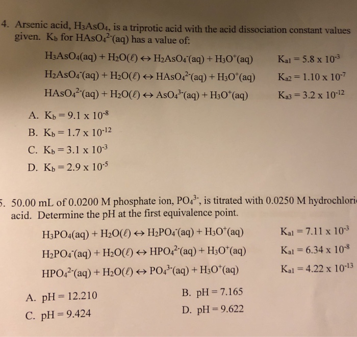 Solved 4. Arsenic acid, H3AsO4, is a triprotic acid with the | Chegg.com