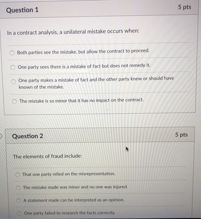 Solved 5 pts Question 1 In a contract analysis, a unilateral | Chegg.com