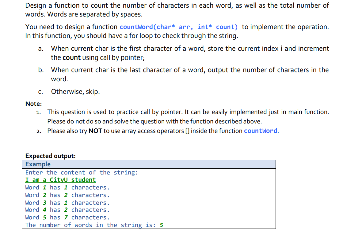 Solved Design a function to count the number of characters | Chegg.com