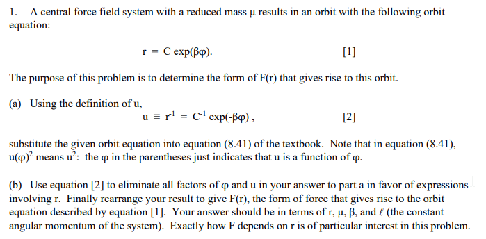 1. A central force field system with a reduced mass μ | Chegg.com