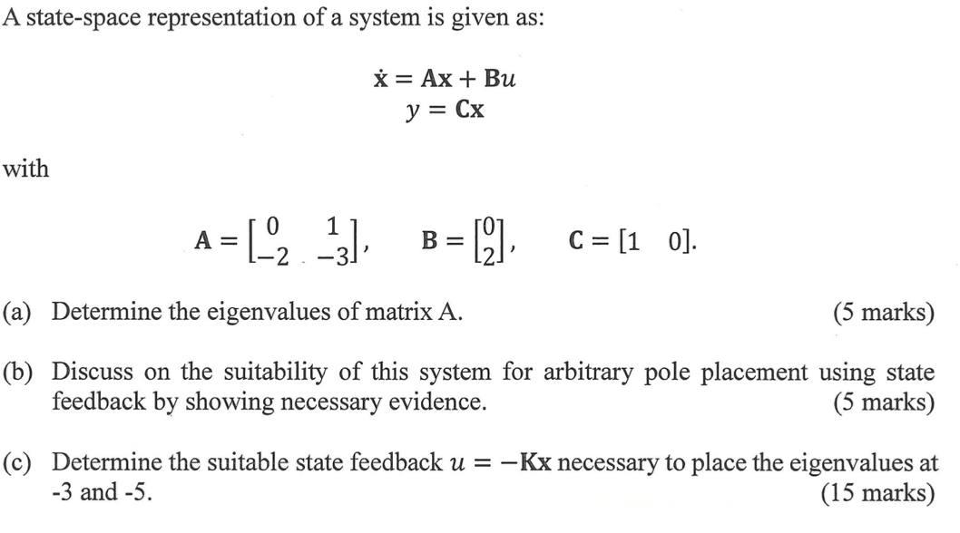 Solved A state-space representation of a system is given as: | Chegg.com