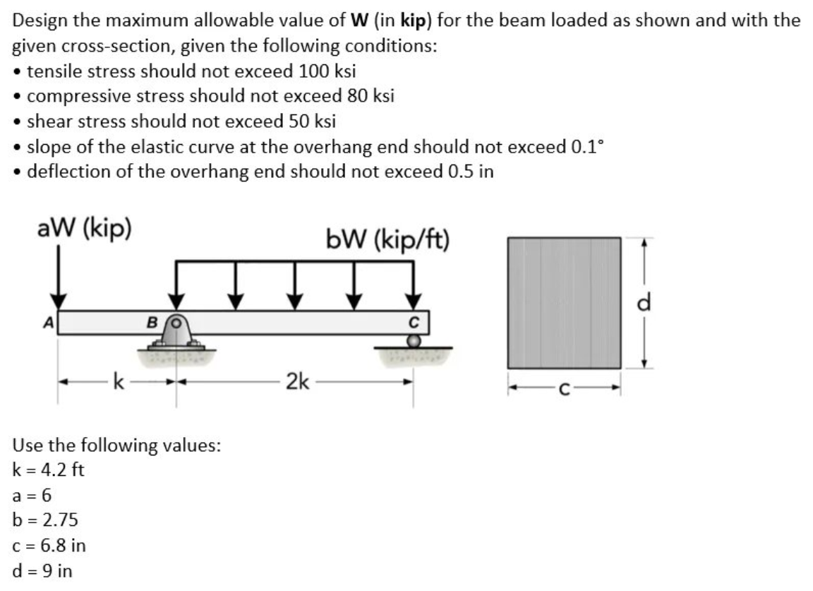 Solved Design the maximum allowable value of W (in kip) for | Chegg.com