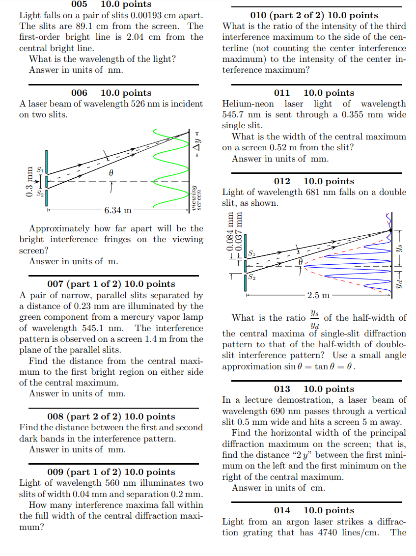 Solved 00510.0 points Light falls on a pair of slits 0.00193 | Chegg.com