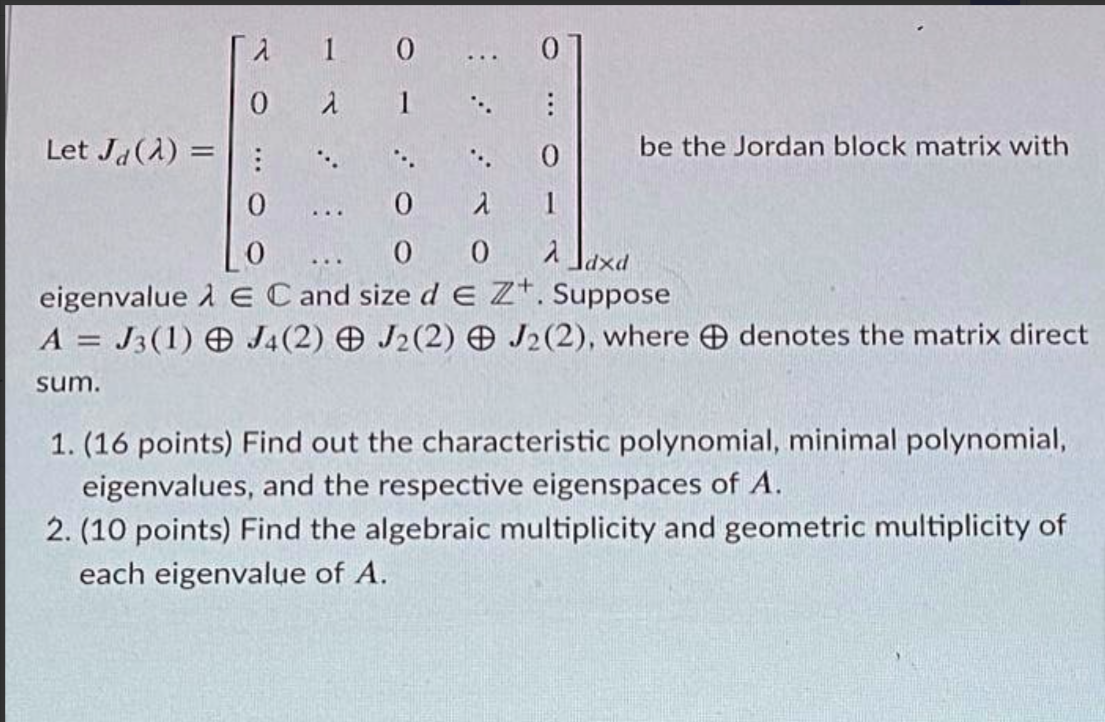 Solved Let Jd(λ)=⎣⎡λ0⋮001λ⋱……01⋱00…⋱⋱λ00⋮01λ⎦⎤ be the Jordan | Chegg.com