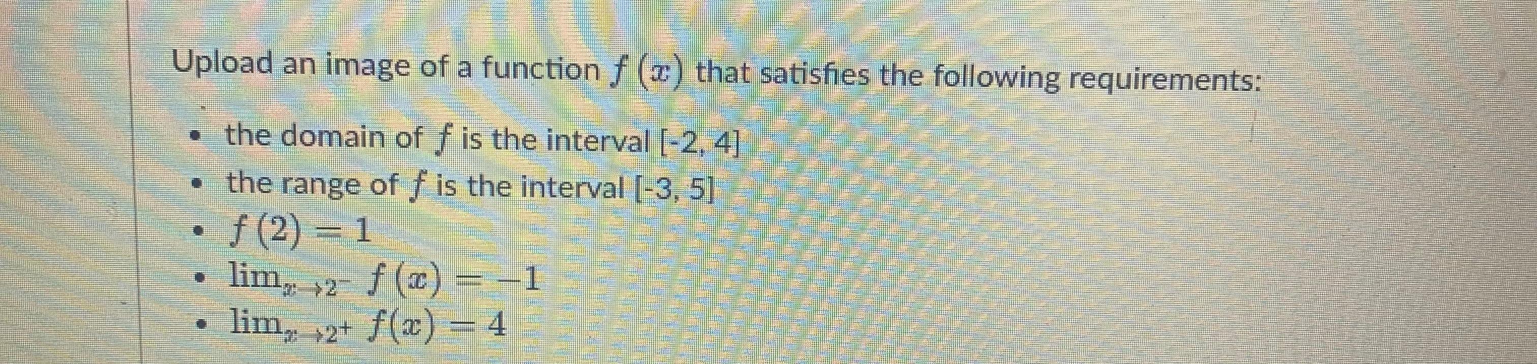 Solved Upload an image of a function f(x) that satisfies the | Chegg.com
