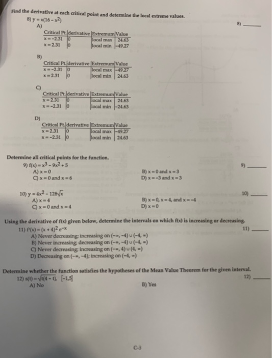 Solved Find the derivative at each critical point and | Chegg.com