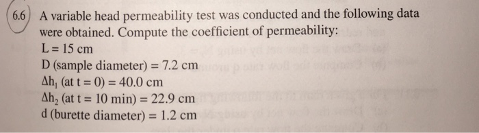Solved A variable head permeability test was conducted and | Chegg.com