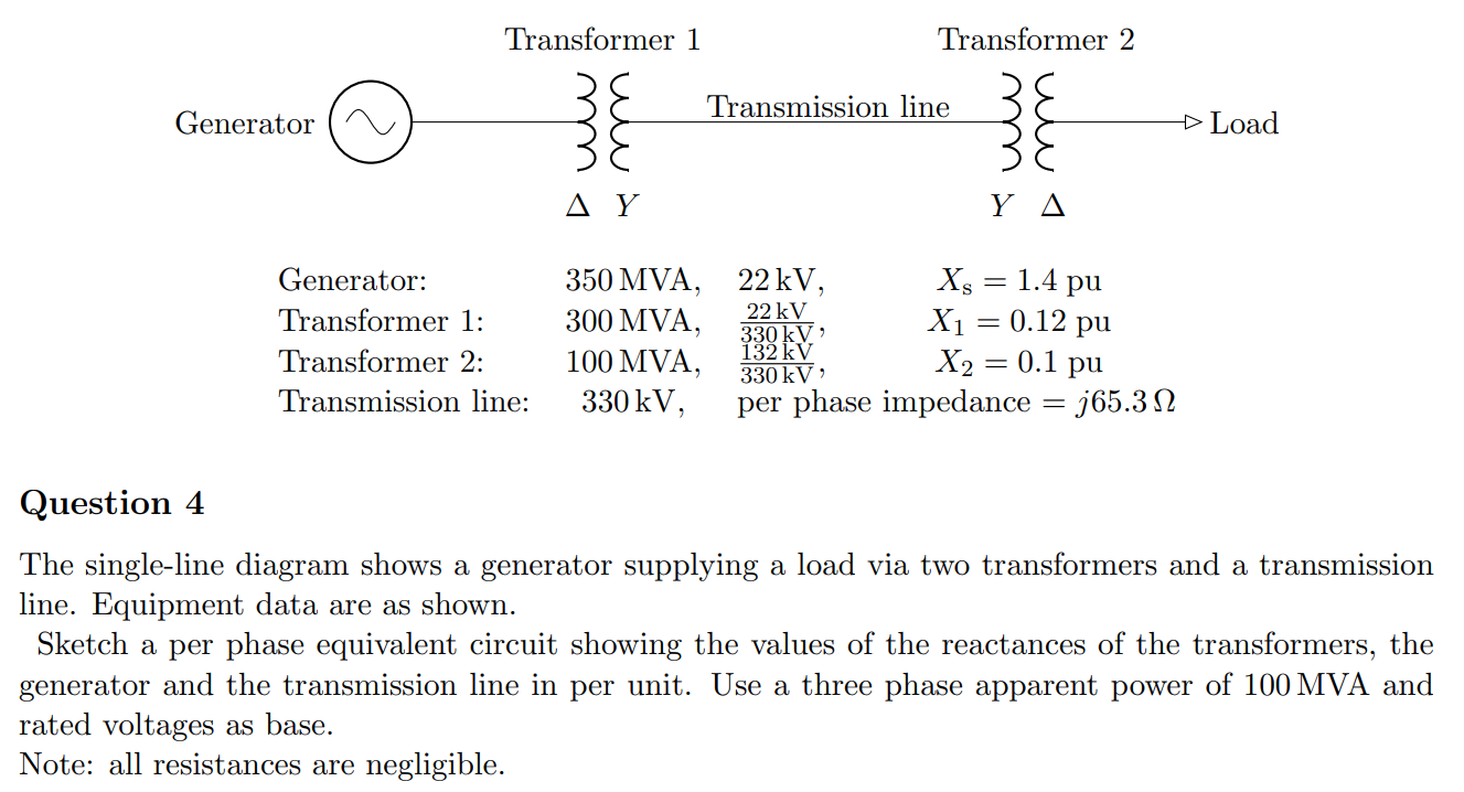Solved Question 4 The single-line diagram shows a generator | Chegg.com