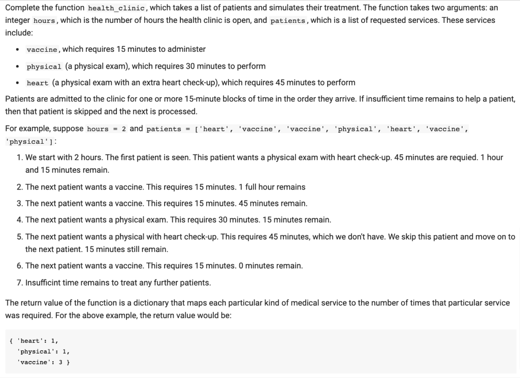 Solved Complete the function health_clinic, which takes a | Chegg.com