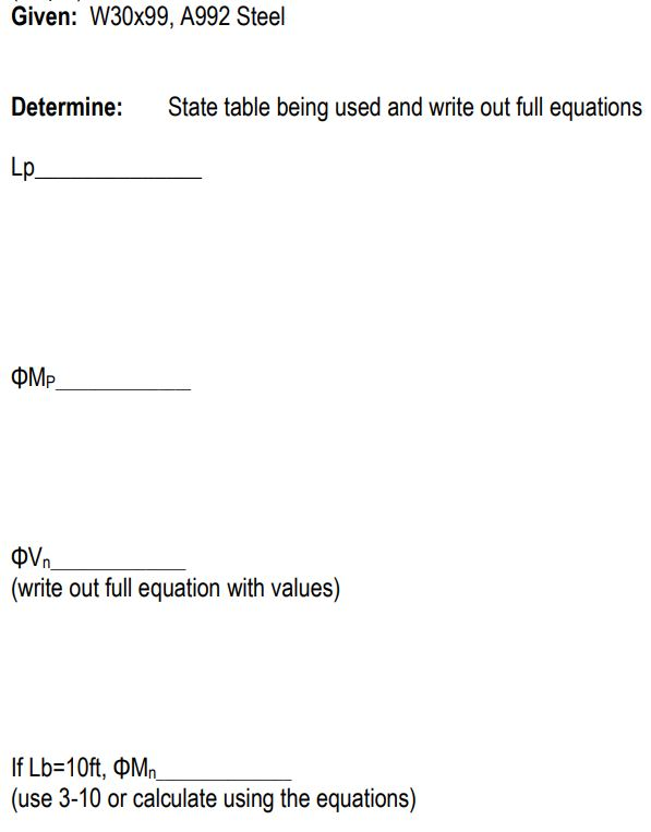 Given: W30x99, A992 Steel Determine: State table | Chegg.com