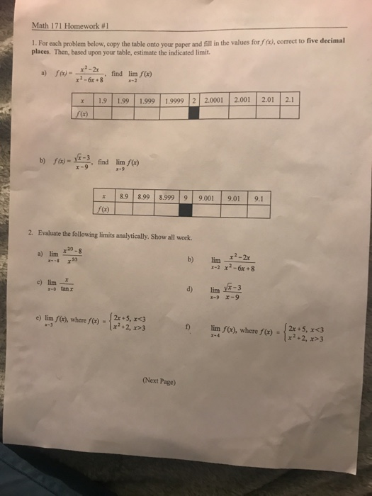 Solved Math 171 Homework #1 1. For each problem below, copy | Chegg.com