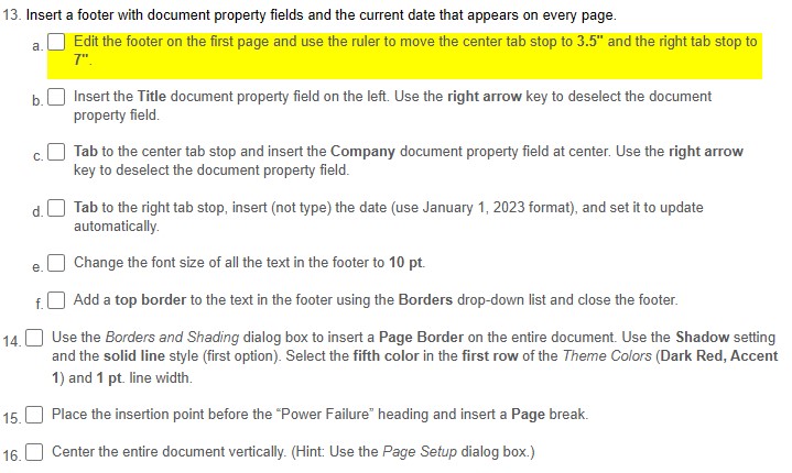 Solved Insert a footer with document property fields and the | Chegg.com