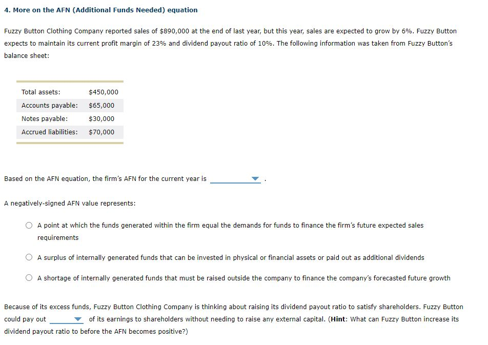 Solved 4. More on the AFN (Additional Funds Needed) equation | Chegg.com