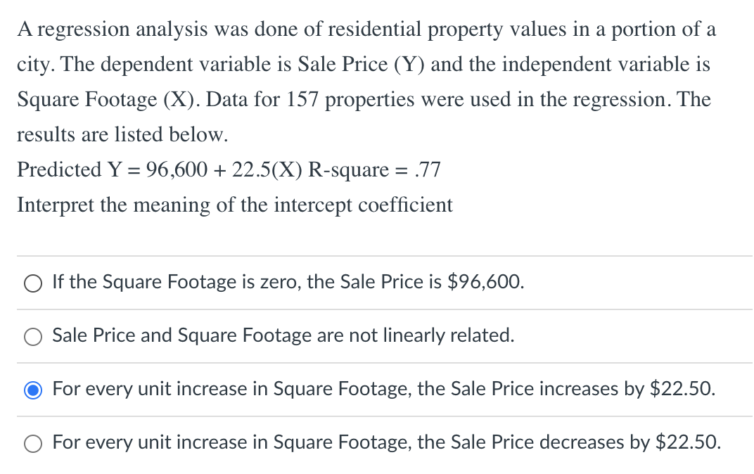 Solved A regression analysis was done of residential | Chegg.com