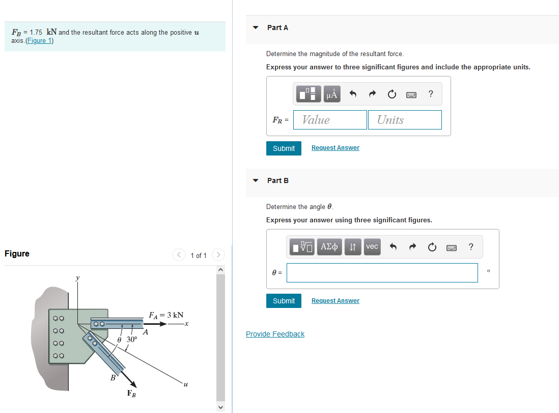 Solved FB=1.75kN and the resultant force acts along the | Chegg.com