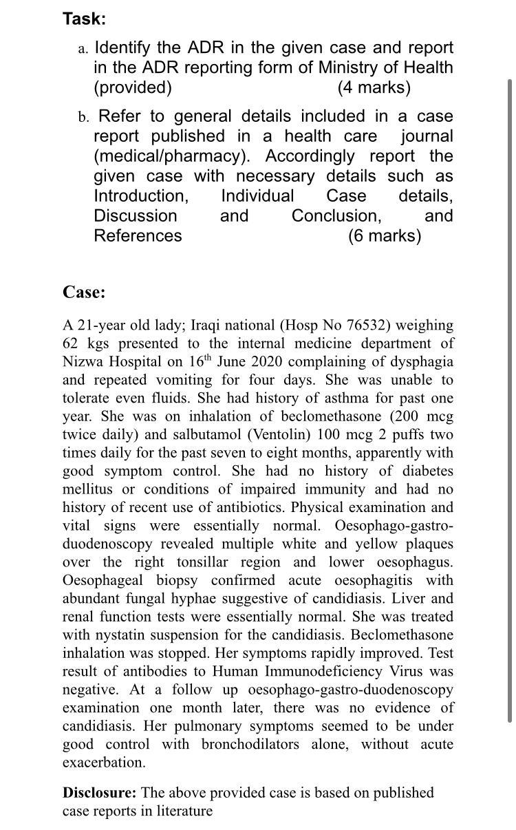 Solved Task: a. Identify the ADR in the given case and | Chegg.com