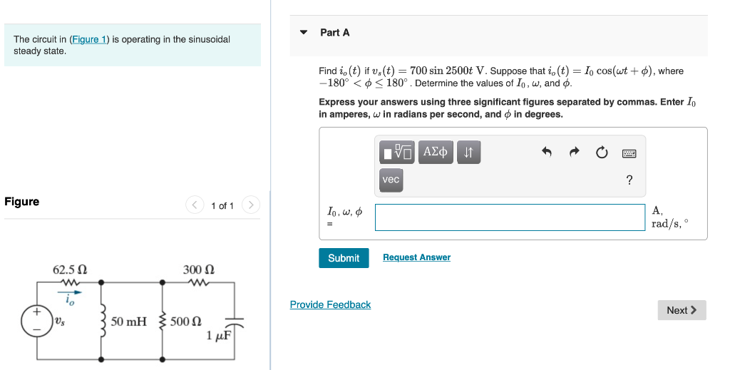 Solved The circuit in is operating in the sinusoidal Part A | Chegg.com