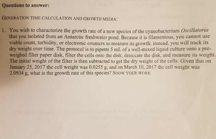 Solved Questions to answer: GENERATION TIME CALCULATION AND | Chegg.com