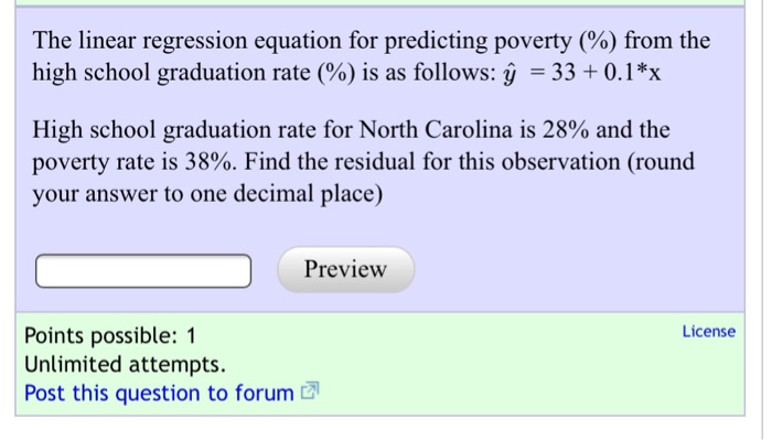 Solved The linear regression equation for predicting poverty | Chegg.com
