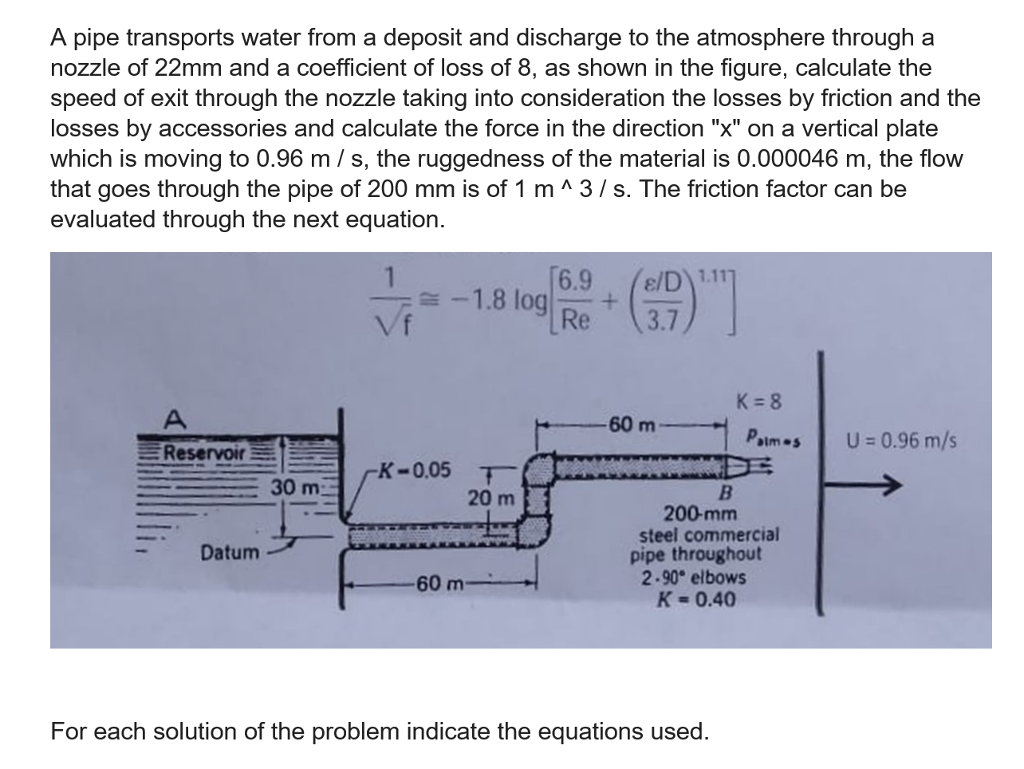 Solved A pipe transports water from a deposit and discharge | Chegg.com