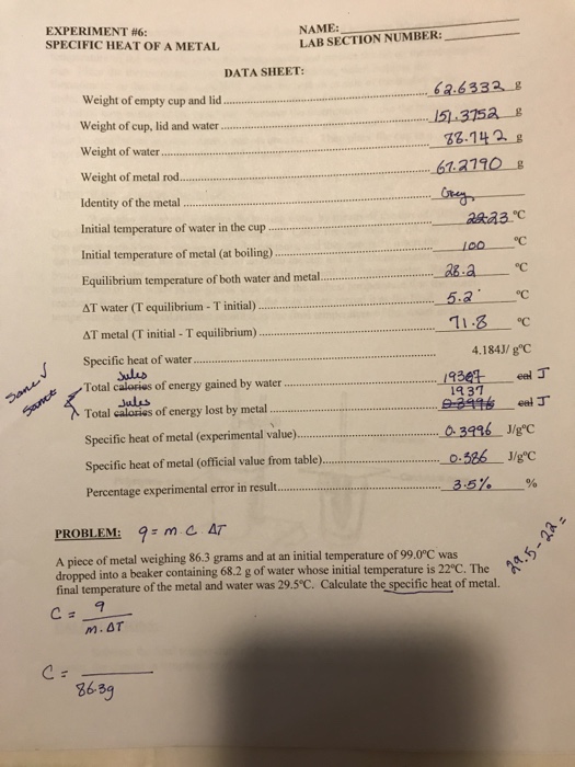 Solved EXPERIMENT #6: SPECIFIC HEAT OF A METAL NAME: LAB | Chegg.com