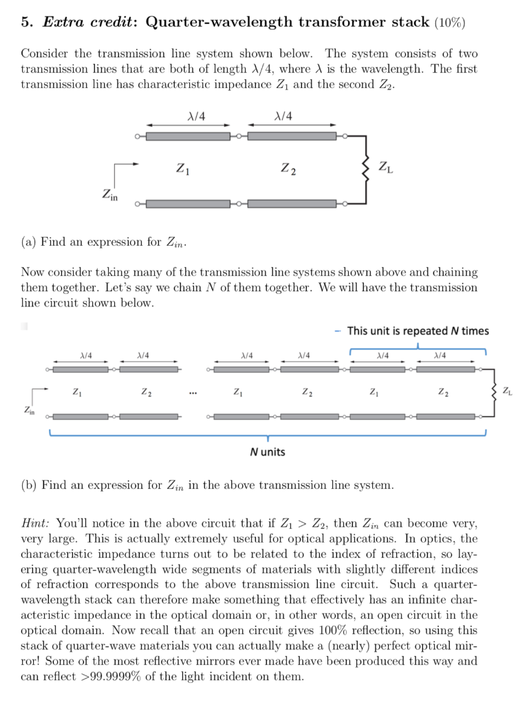 Solved 5. E.ctra credit: Quarter-wavelength transformer | Chegg.com