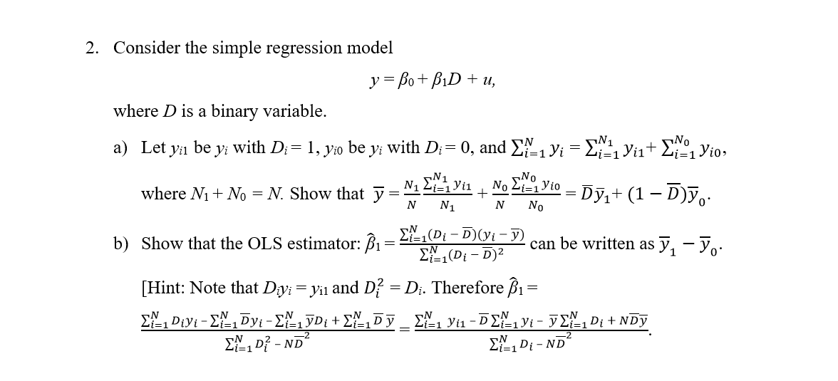 2. Consider the simple regression model \\[ | Chegg.com