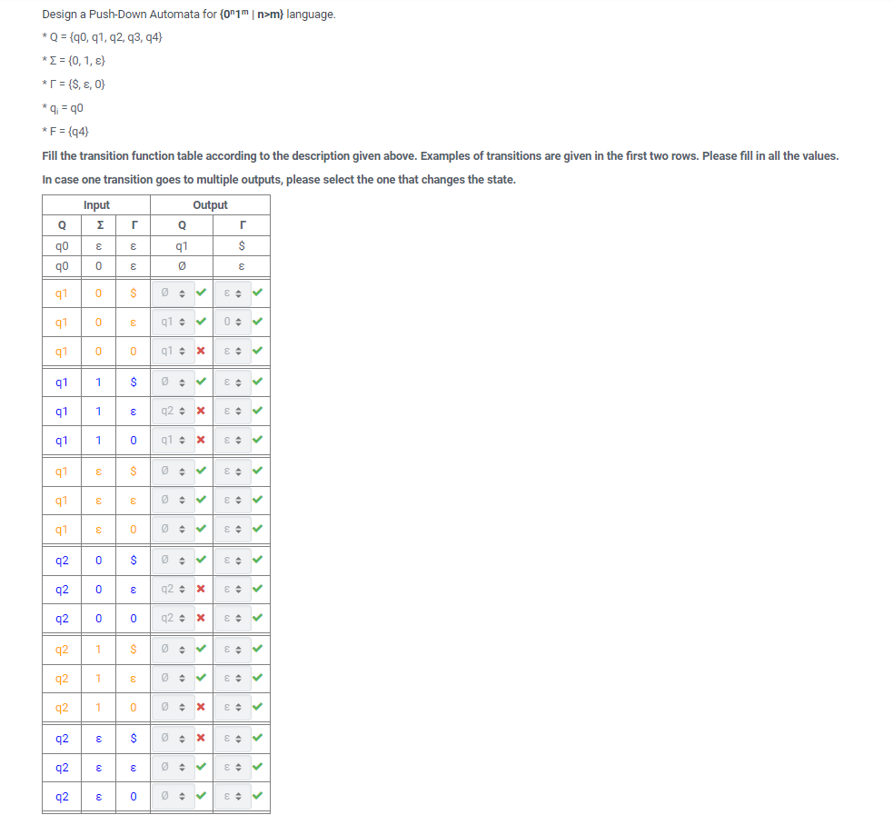 Design a Push-Down Automata for {0n1m∣n>m} language. | Chegg.com