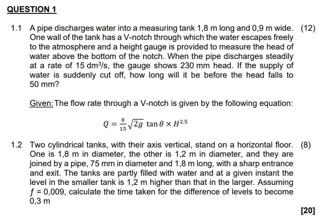 Solved QUESTION 1 1.1. A pipe discharges water into a | Chegg.com