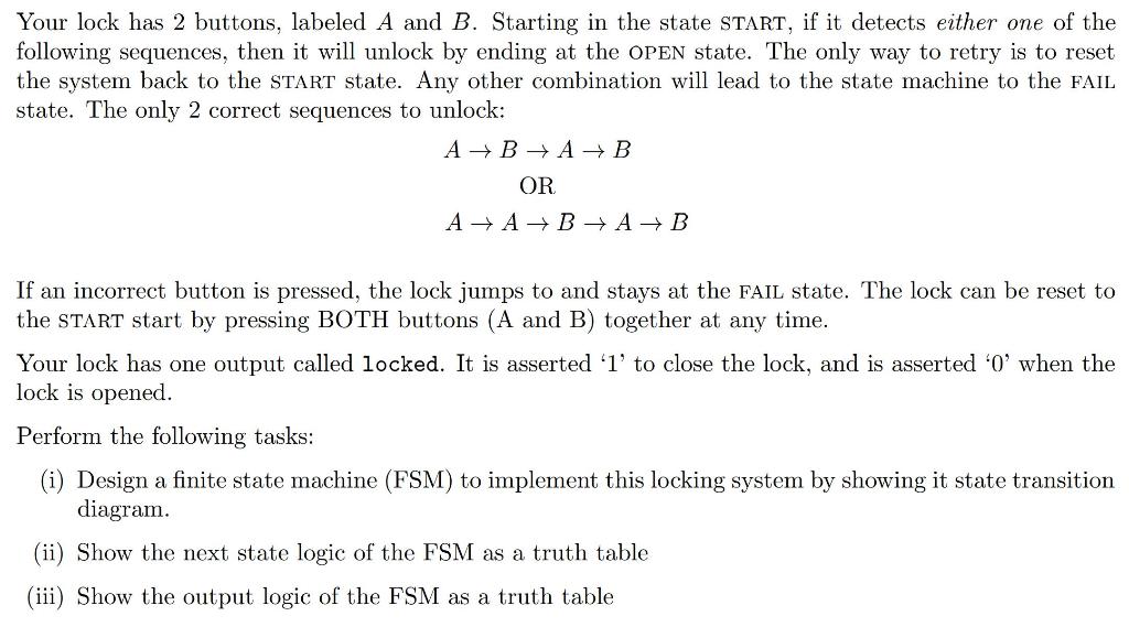 Solved Your lock has 2 buttons, labeled A and B. Starting in | Chegg.com