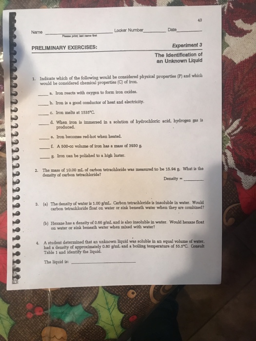 Solved 43 Name Locker Number Experiment 3 The Identification | Chegg.com