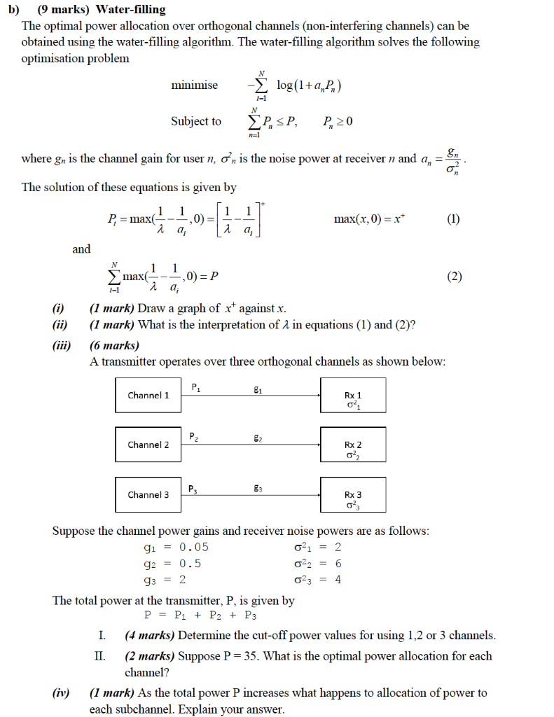b) (9 marks) Water-filling The optimal power | Chegg.com