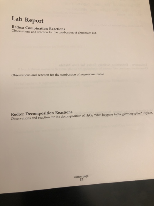 Lab Report Redox: Combination Reactions Observations | Chegg.com