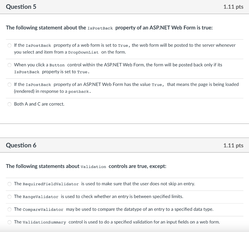 Solved The following statement about the IsPostBack property | Chegg.com