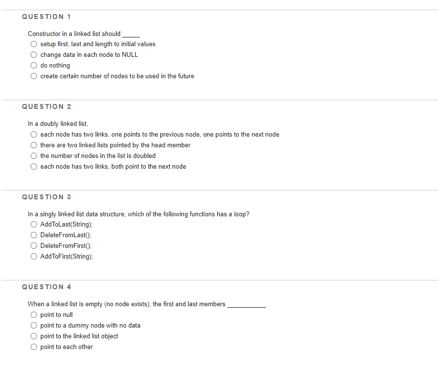 Solved QUESTION 1 Constructor in a linked list should setup | Chegg.com