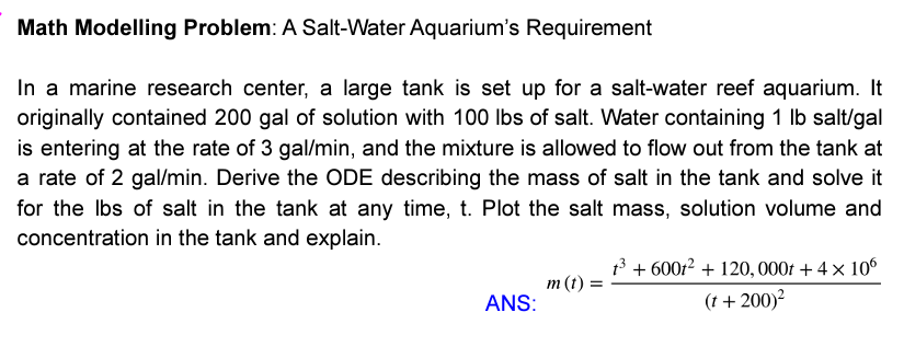 Solved Math Modelling Problem: A Salt-Water Aquarium's | Chegg.com