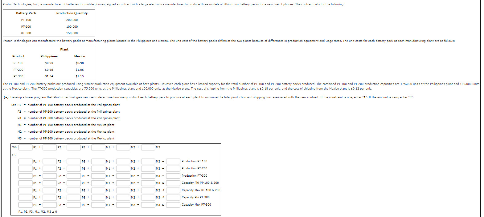 Solved Let P1 = ﻿number of PT-100 ﻿battery packs produced at | Chegg.com