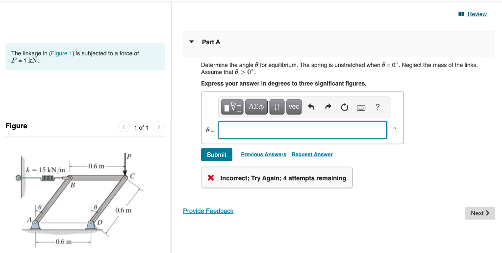 Solved The linkage in is subjected to a force of P=1kN. | Chegg.com