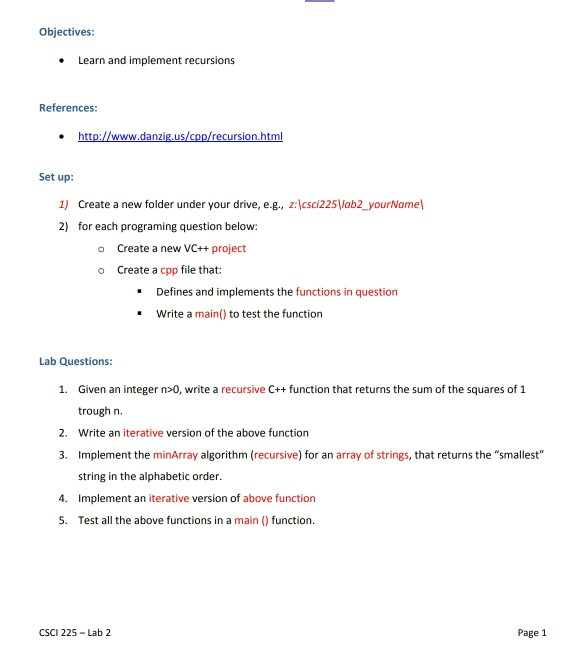 Solved Objectives: Learn and implement recursions | Chegg.com