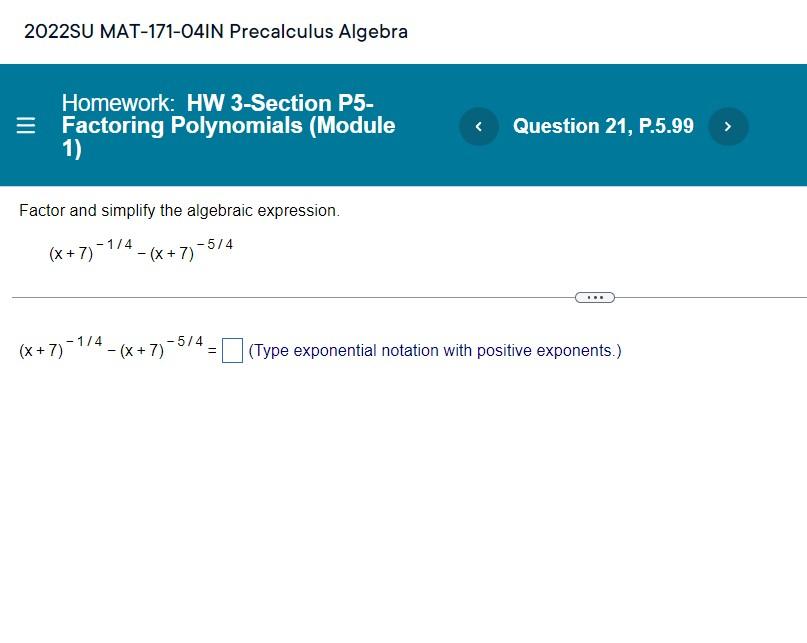 Solved 2022SU MAT-171-04IN Precalculus Algebra Homework: HW | Chegg.com