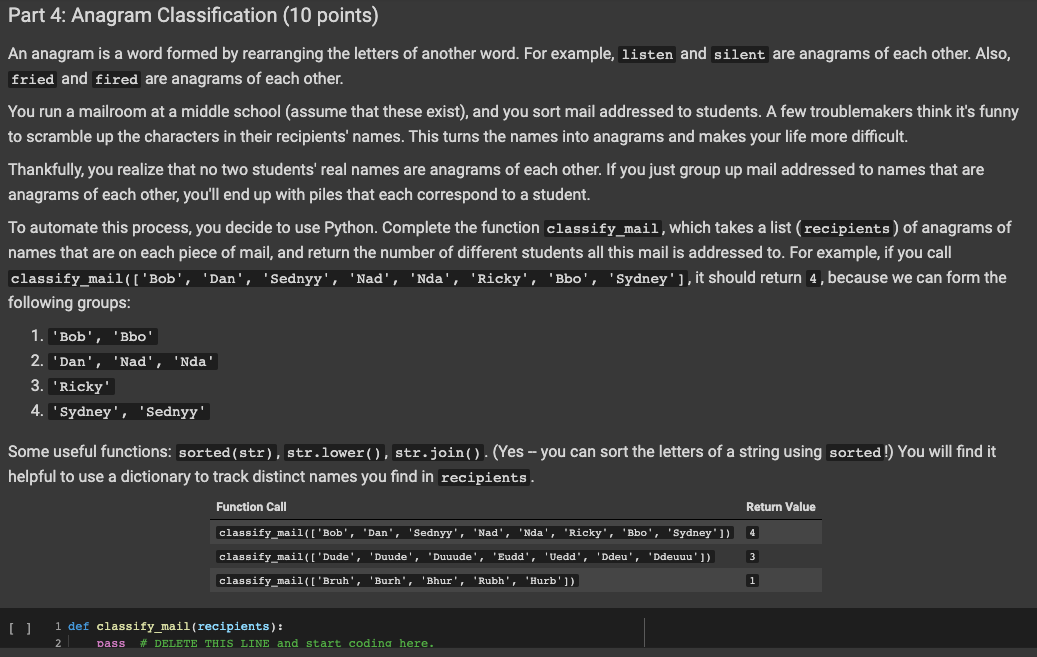 Solved Part 4: Anagram Classification (10 points) An anagram | Chegg.com