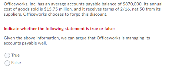 Solved Officeworks, Inc. has an average accounts payable | Chegg.com