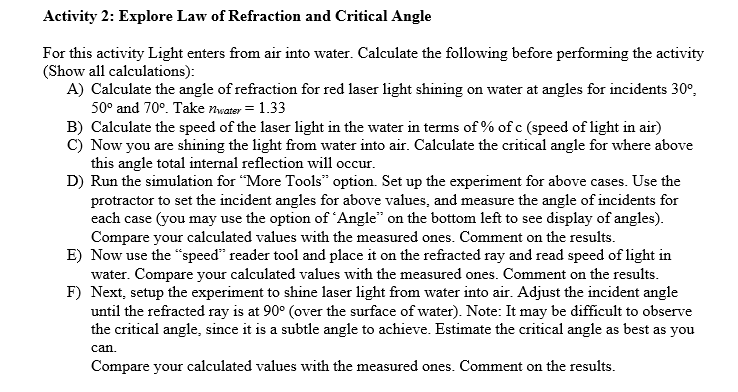 Solved Activity 2: Explore Law of Refraction and Critical | Chegg.com