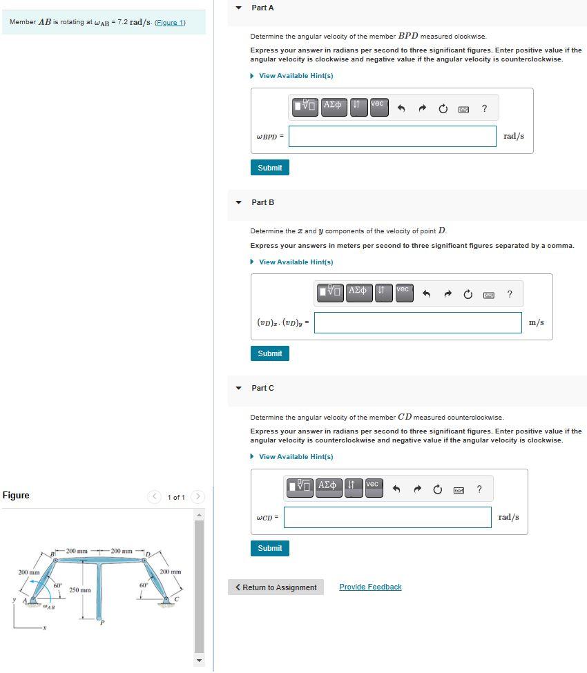 Solved Member Ab Is Rotating At ωab 7 2rad S Figure 1