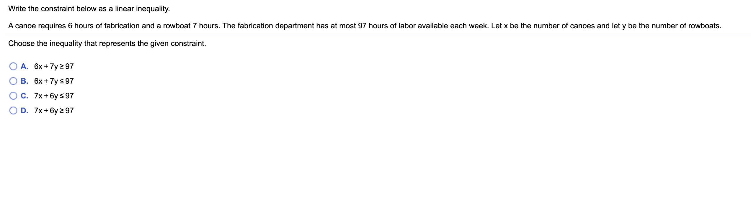 Solved Write the constraint below as a linear inequality. A | Chegg.com