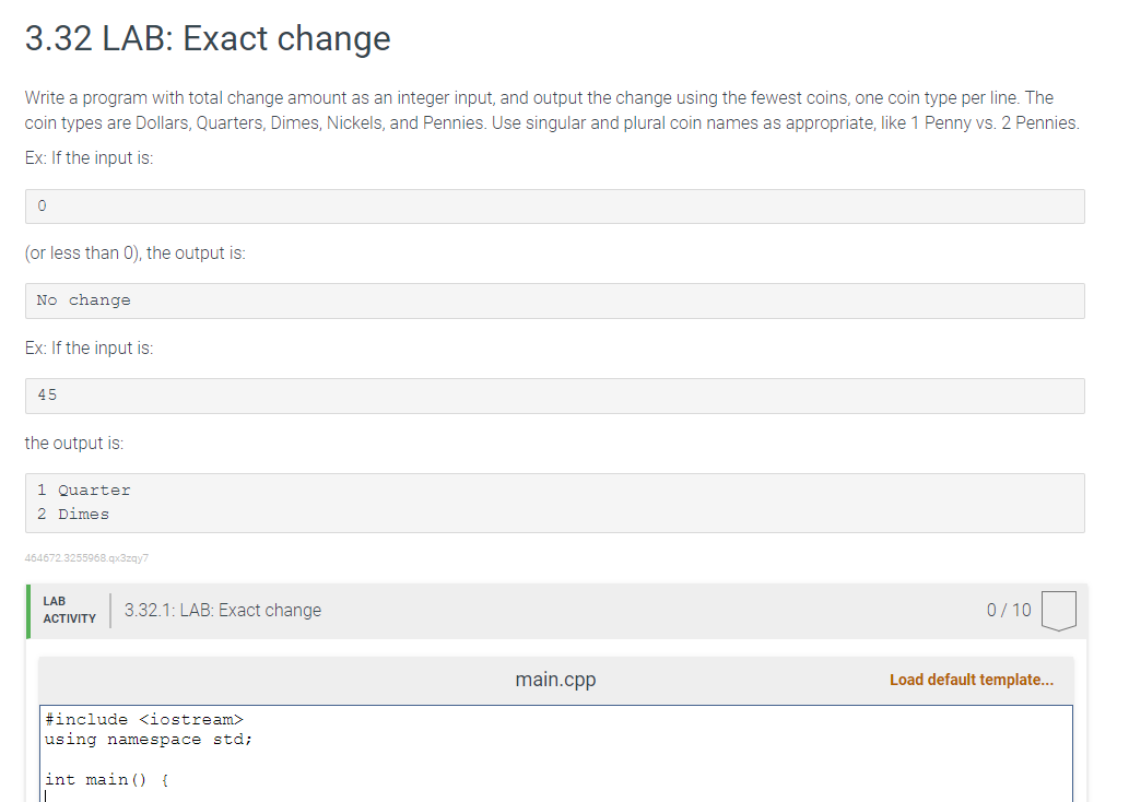 Solved 3.32 LAB: Exact change Write a program with total | Chegg.com
