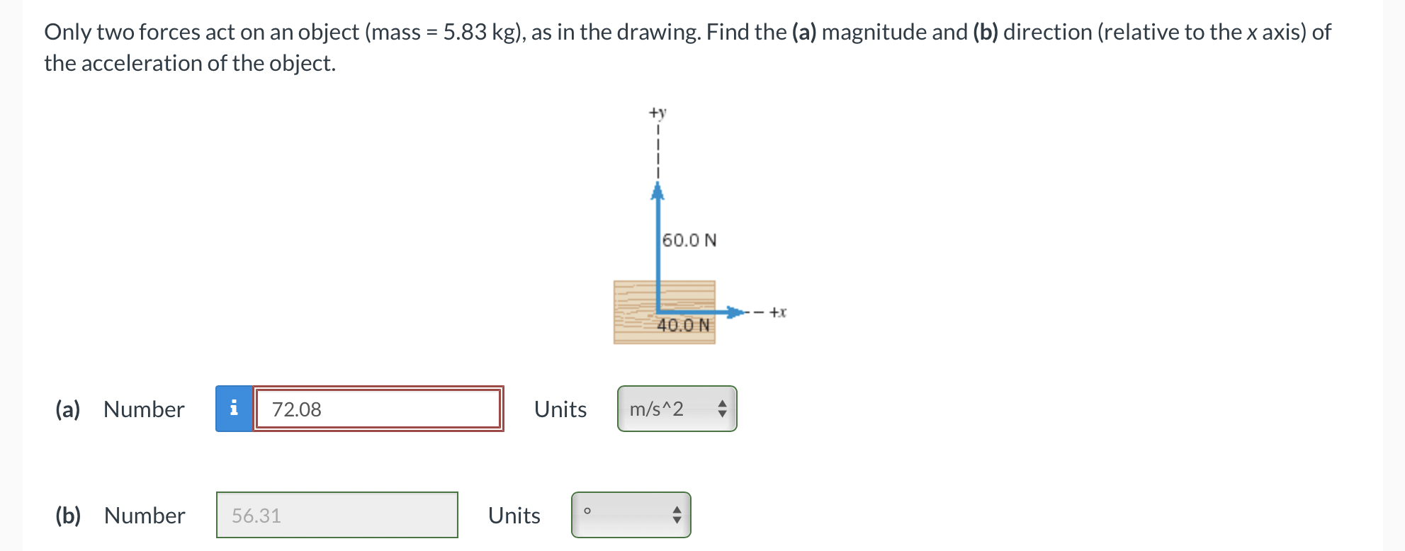 Solved Only two forces act on an object (mass =5.83 kg ), as | Chegg.com